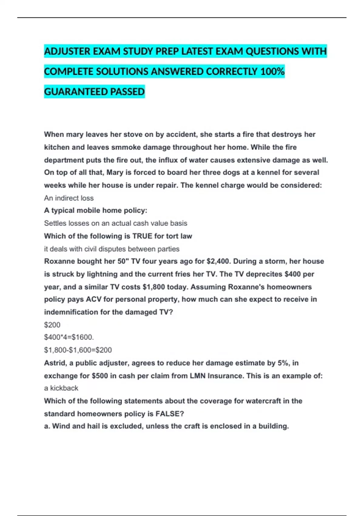 ADJUSTER EXAM STUDY PREP LATEST EXAM QUESTIONS WITH COMPLETE SOLUTIONS ...