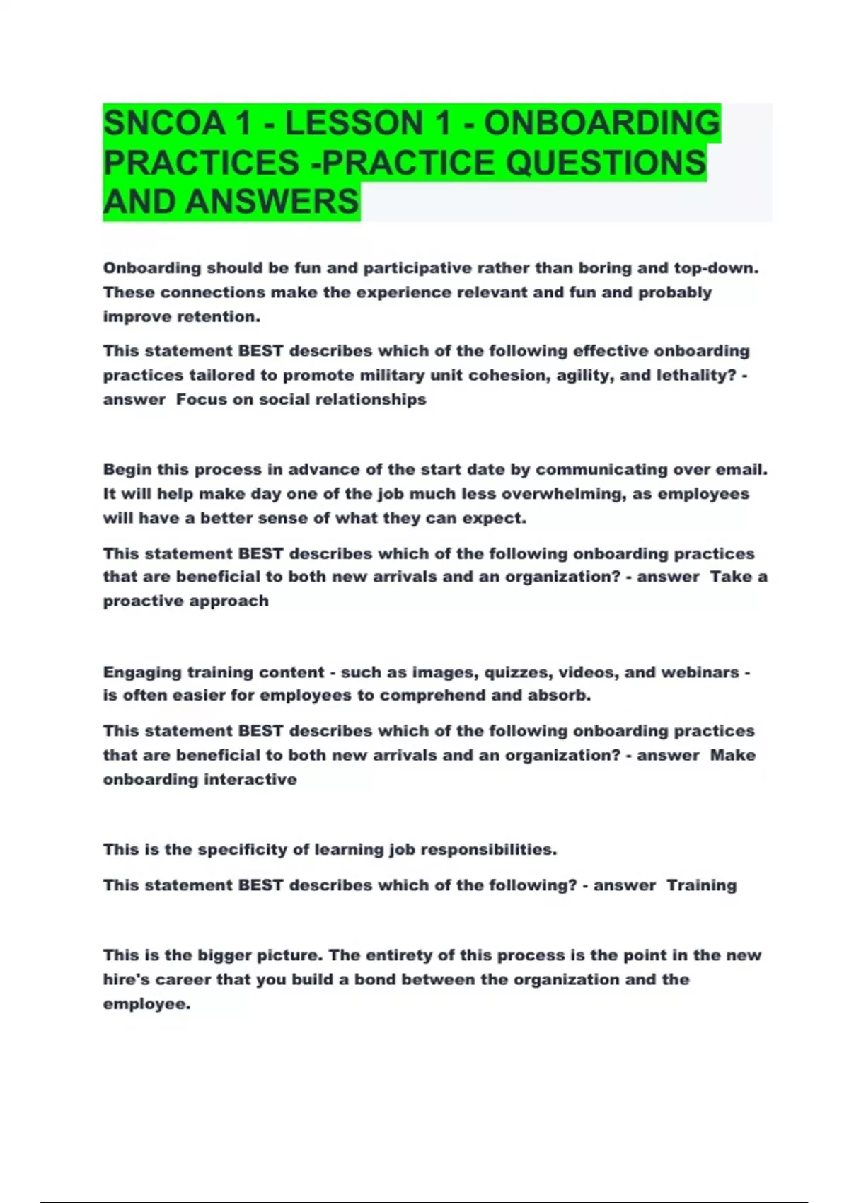SNCOA 1 - LESSON 1 - ONBOARDING PRACTICES -PRACTICE QUESTIONS AND ...