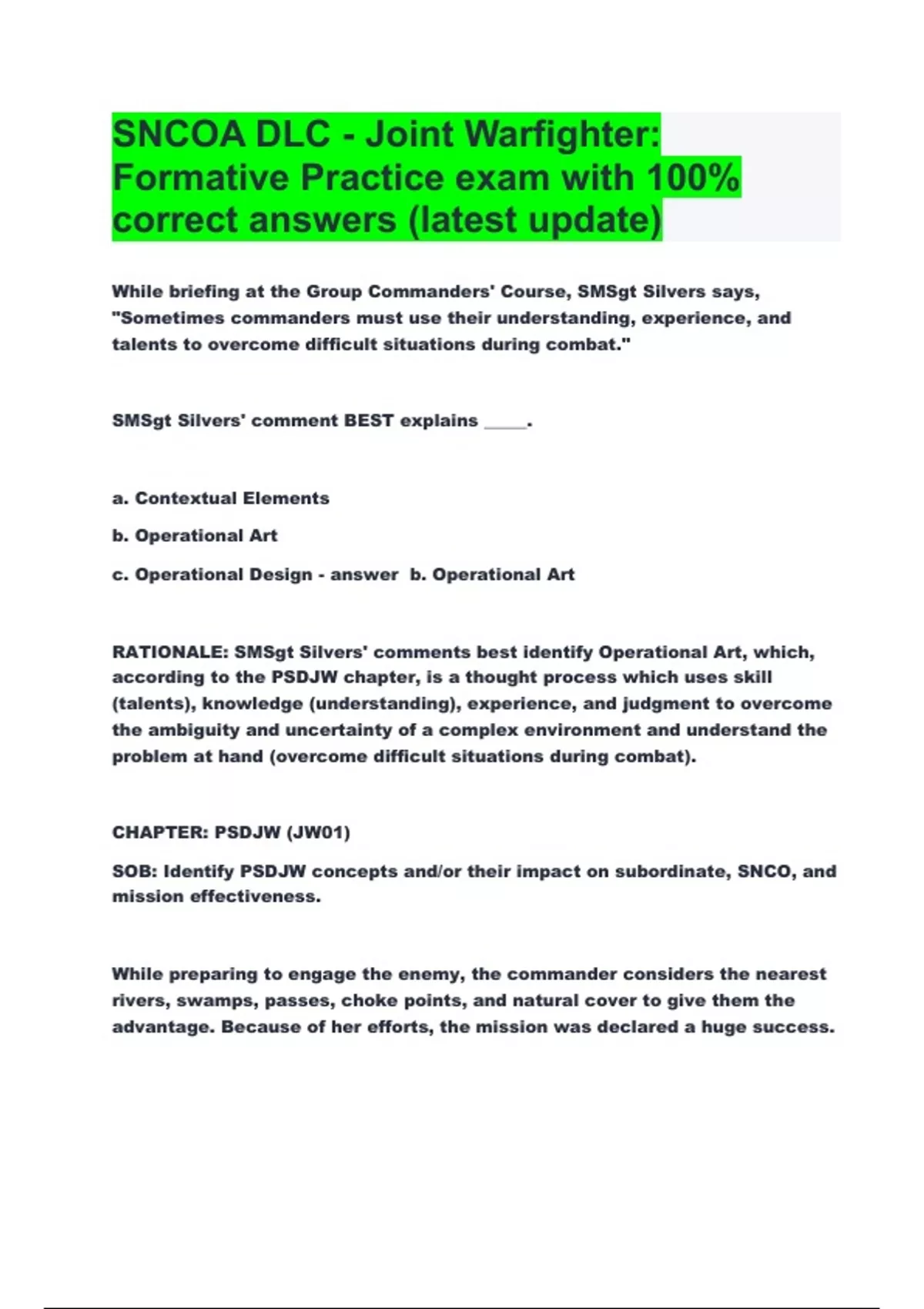 SNCOA DLC - Joint Warfighter: Formative Practice exam with 100% correct ...