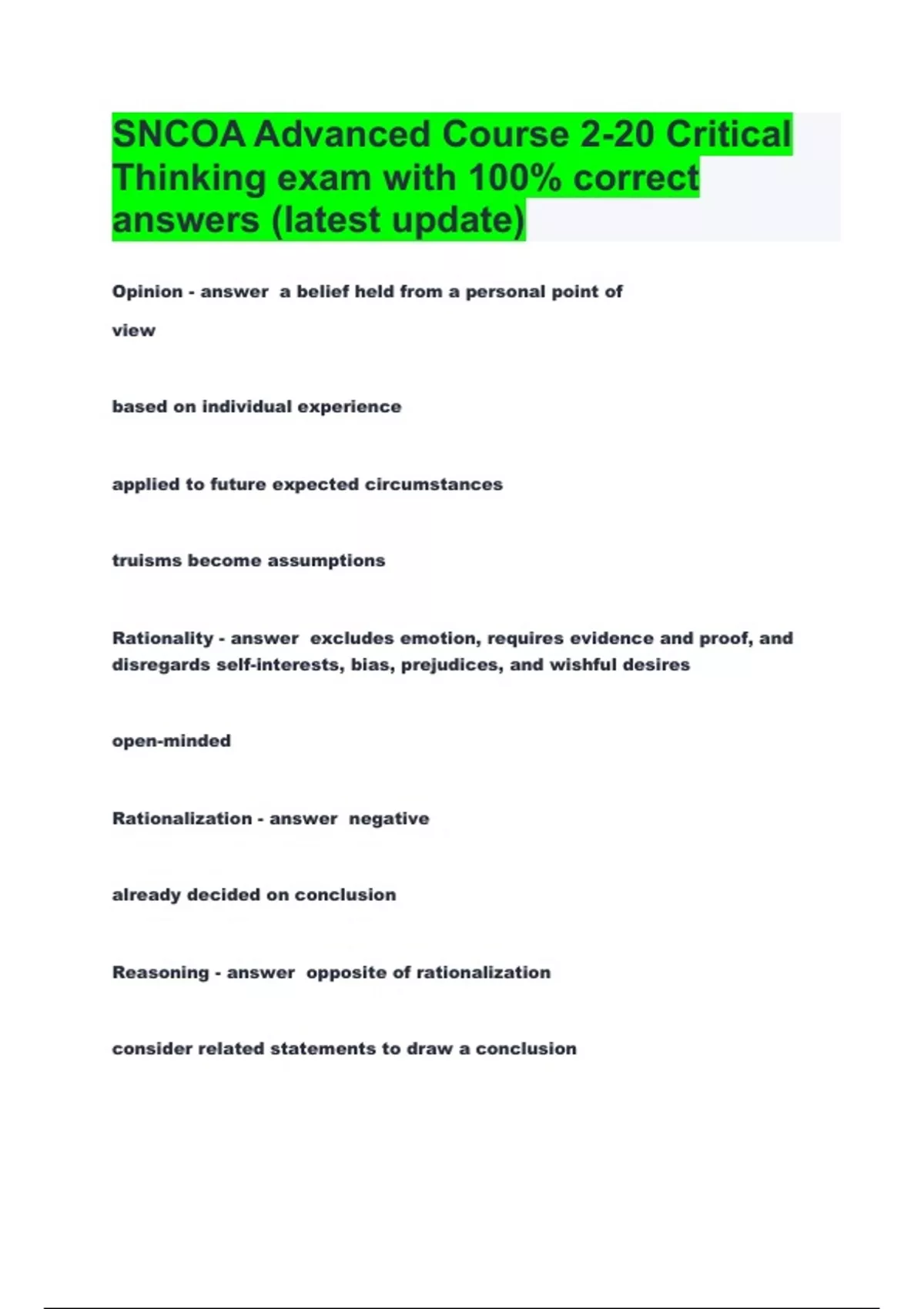 SNCOA Advanced Course 2-20 Critical Thinking exam with 100% correct ...