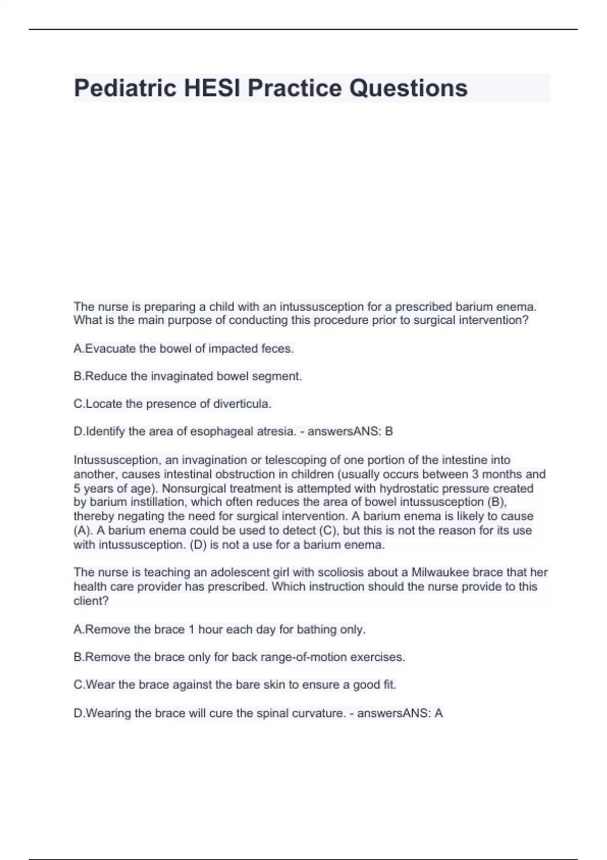 Pediatric HESI Practice Questions with answers 100% accurate ...