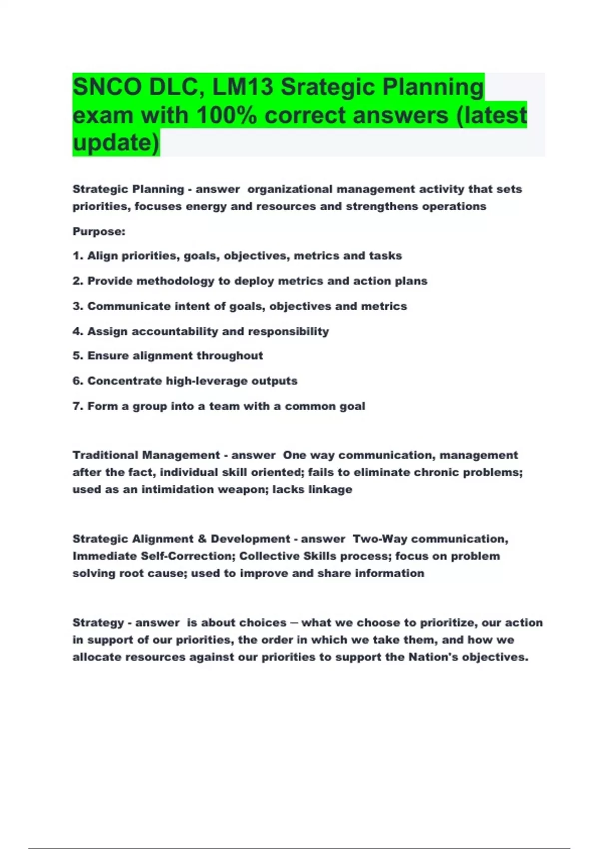 SNCO DLC, LM13 Srategic Planning exam with 100% correct answers (latest ...