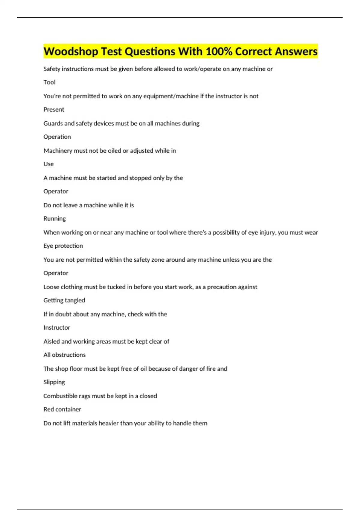 Woodshop Test Questions With 100% Correct Answers - Woodshop - Stuvia US