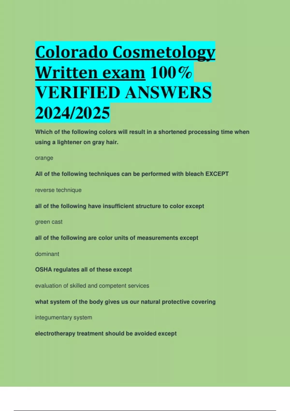 Colorado Cosmetology Written exam 100% VERIFIED ANSWERS 2024/2025 ...