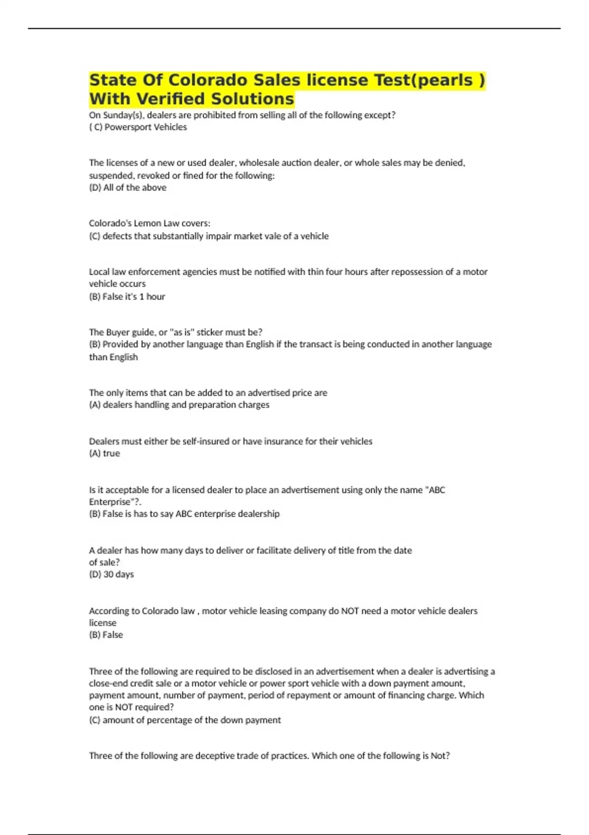State Of Colorado Sales license Test(pearls ) With Verified Solutions ...