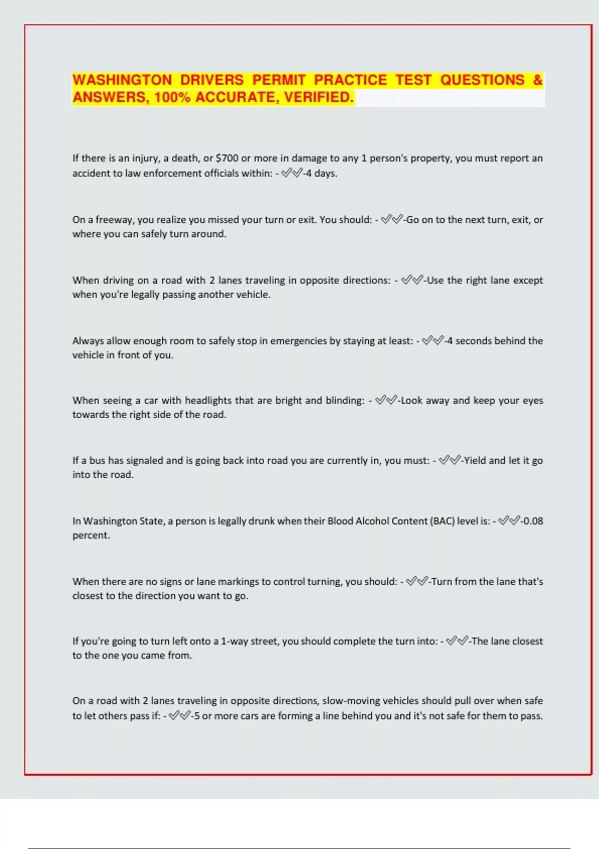 WASHINGTON DRIVERS PERMIT PRACTICE TEST QUESTIONS & ANSWERS, 100% ...