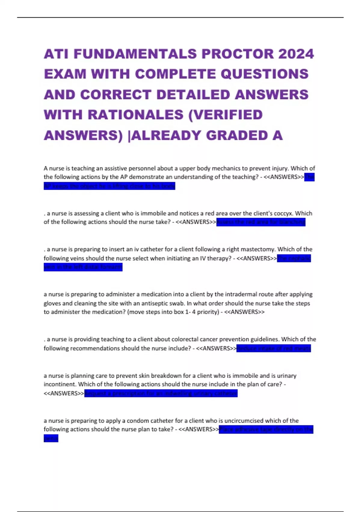 ATI FUNDAMENTALS PROCTOR 2024 EXAM WITH COMPLETE QUESTIONS AND CORRECT ...