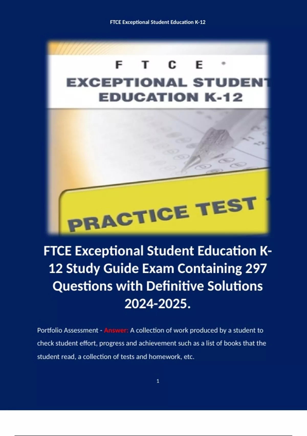 FTCE Exceptional Student Education K-12 Study Guide Exam Containing 297 ...