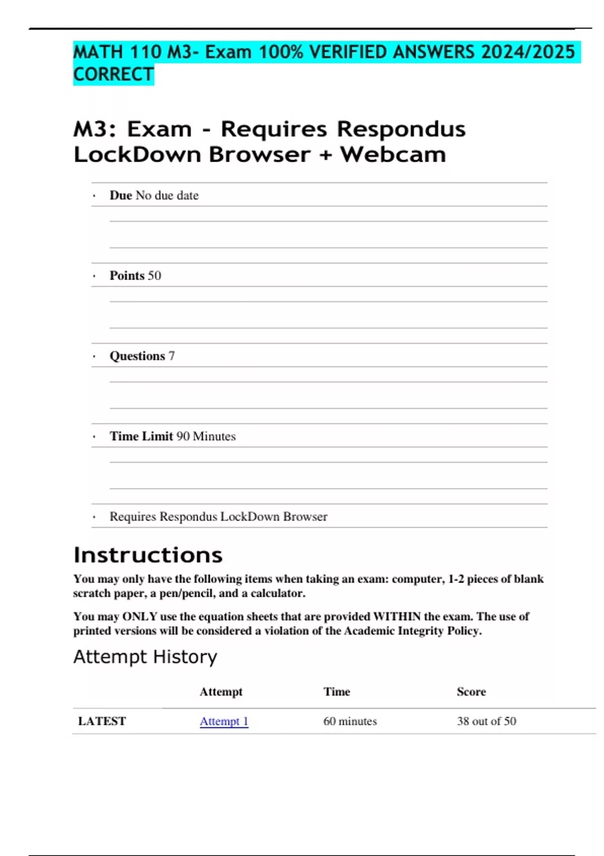 BEST REVIEW MATH 110 M3- Exam 100% VERIFIED ANSWERS 2024/2025 CORRECT ...