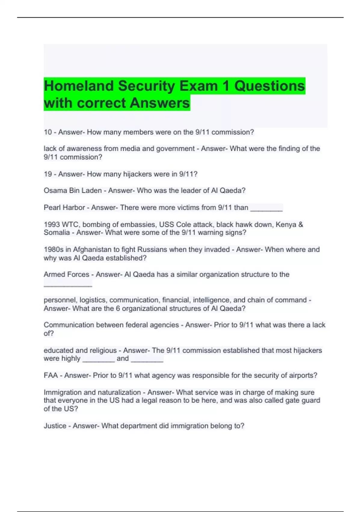 Homeland Security Exam 1 Questions with correct Answers 2024 - Homeland ...