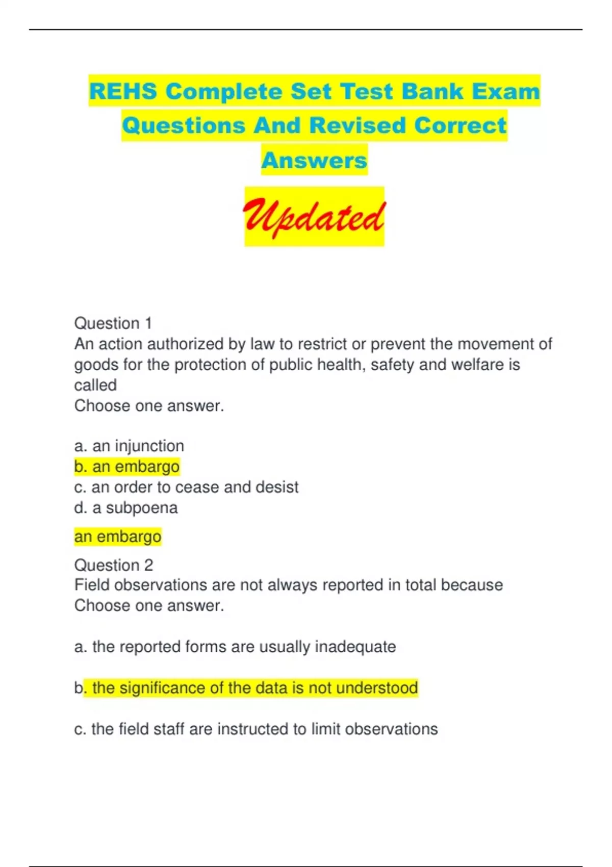 REHS Complete Set Test Bank Exam Questions And Revised Correct Answers ...