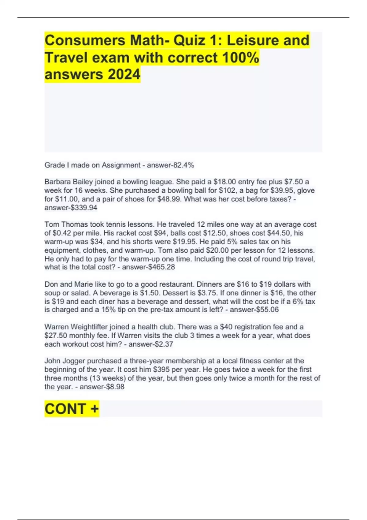 Consumers Math- Quiz 1 Leisure and Travel exam with correct 100% ...