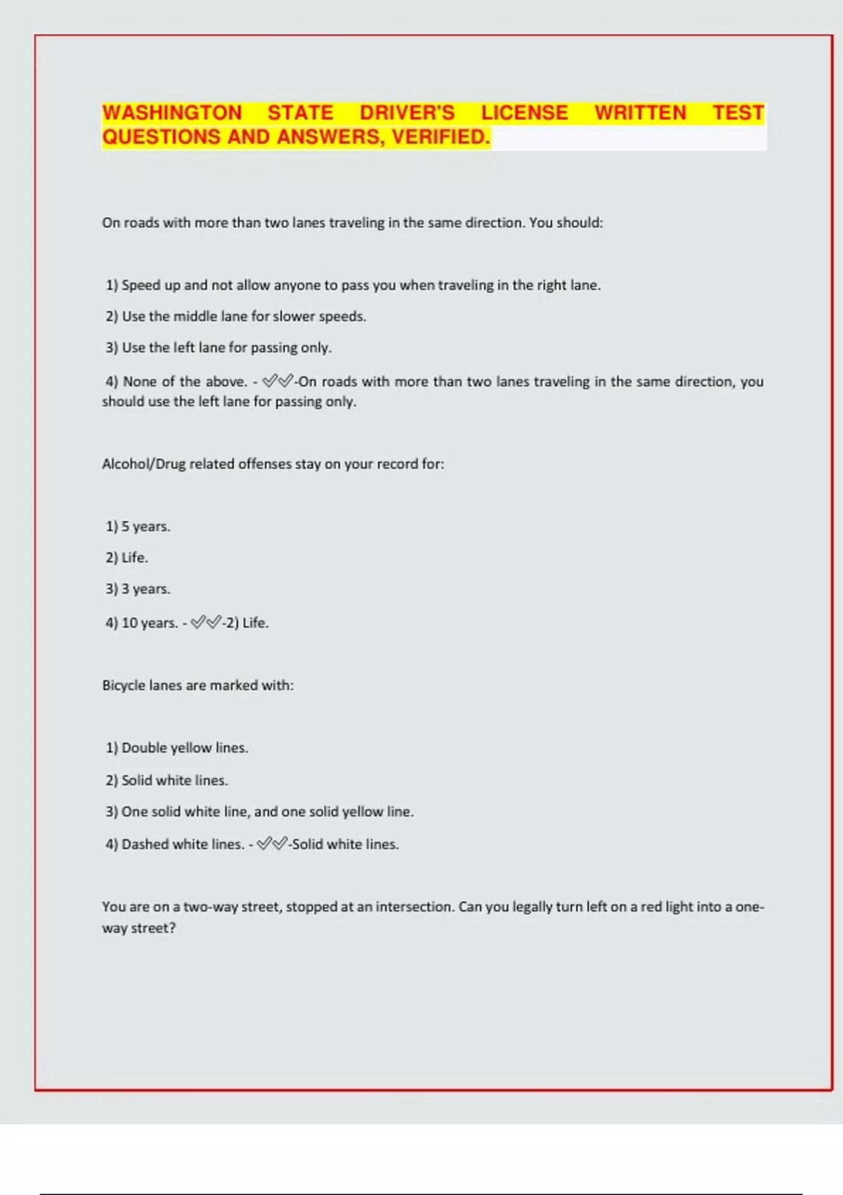 WASHINGTON STATE DRIVER'S LICENSE WRITTEN TEST QUESTIONS AND ANSWERS ...