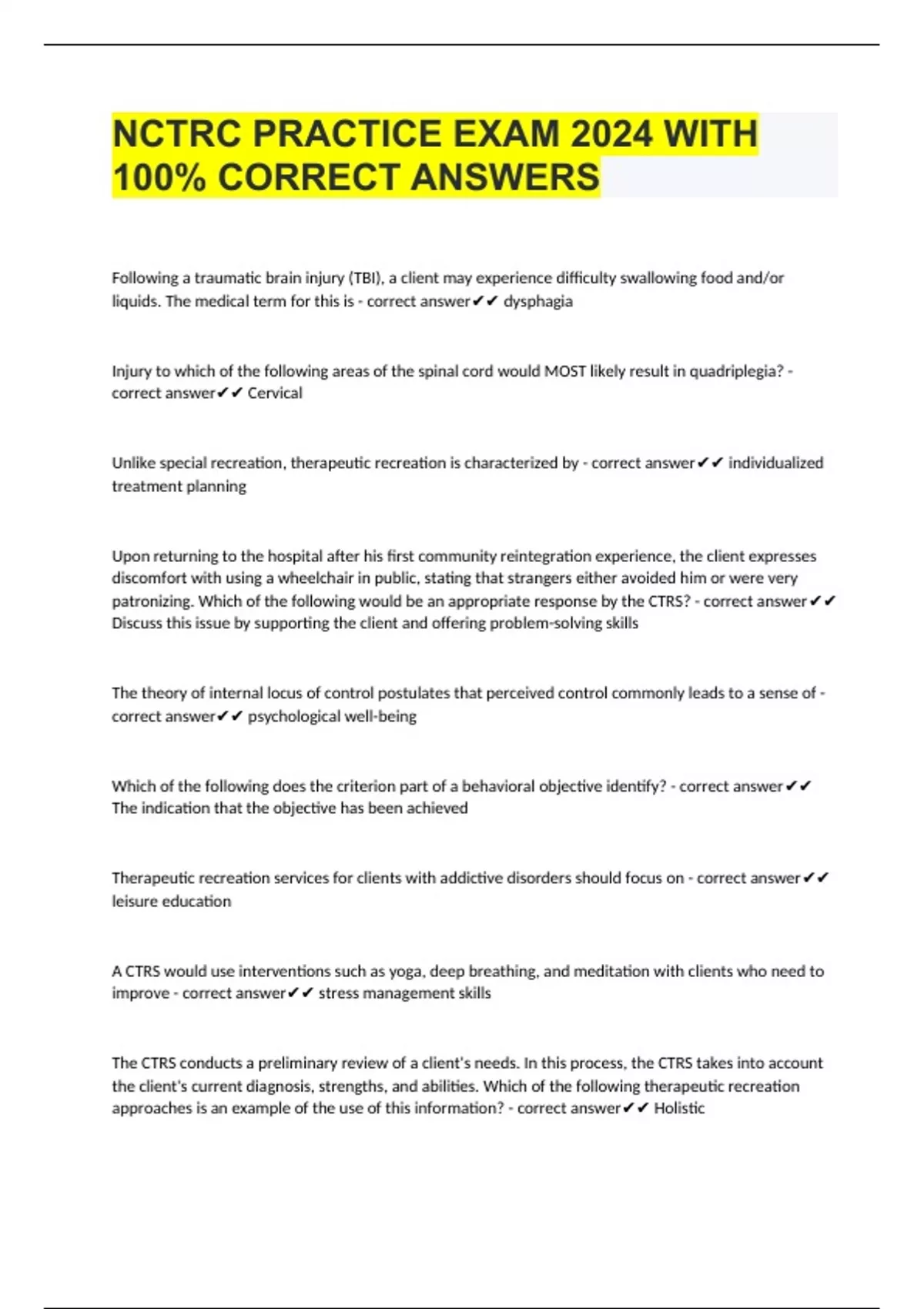 NCTRC PRACTICE EXAM 2024 WITH 100% CORRECT ANSWERS - NCTRC - Stuvia US