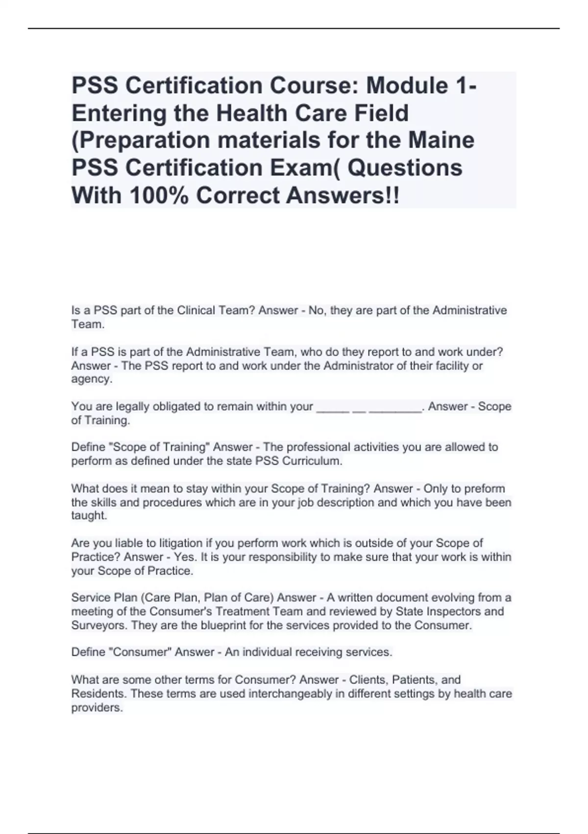 PSS Certification Course: Module 1- Entering the Health Care Field ...