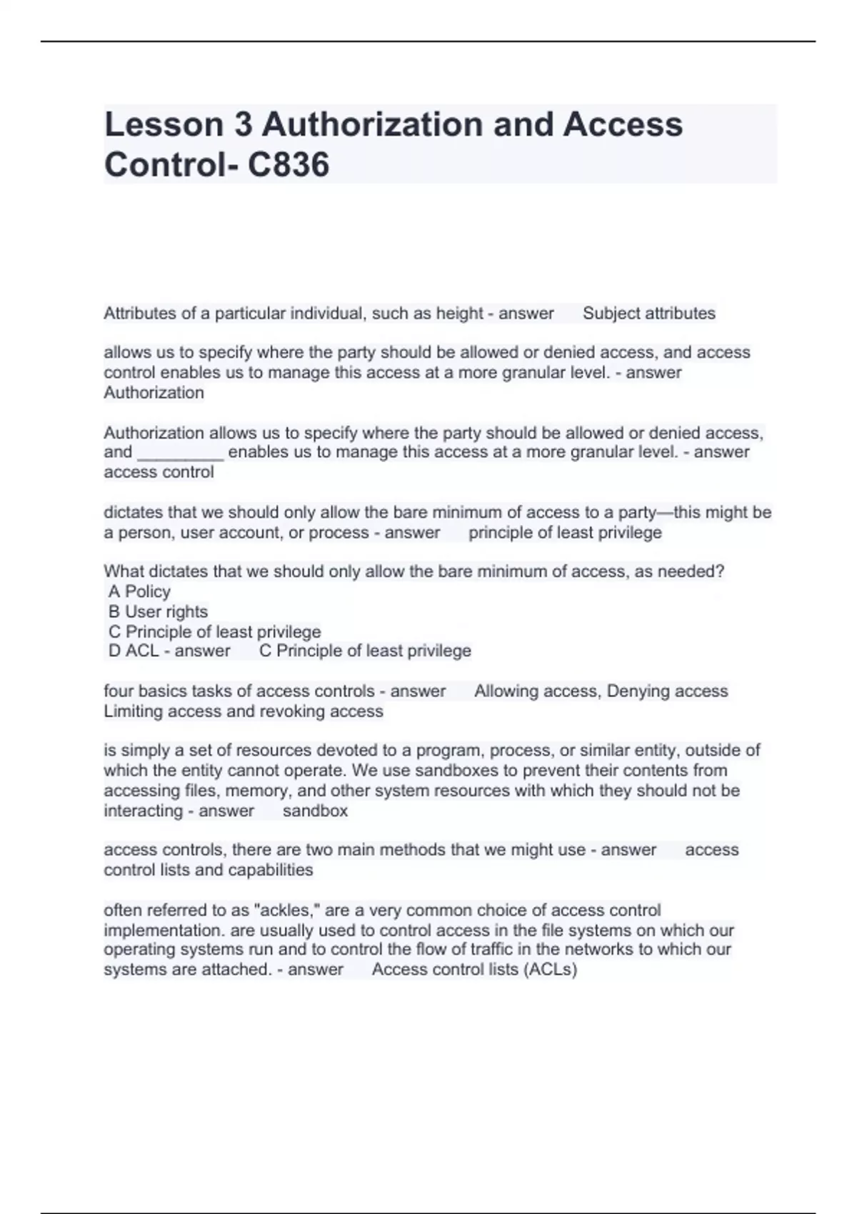 Lesson 3 Authorization and Access Control- C836 Questions and Answers ...