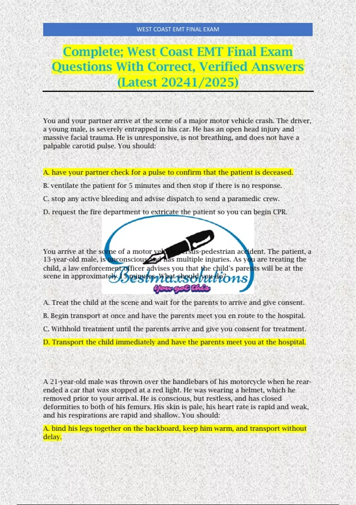 Complete West Coast Emt Final Exam Questions With Correct Verified Answers Latest 20241 2025