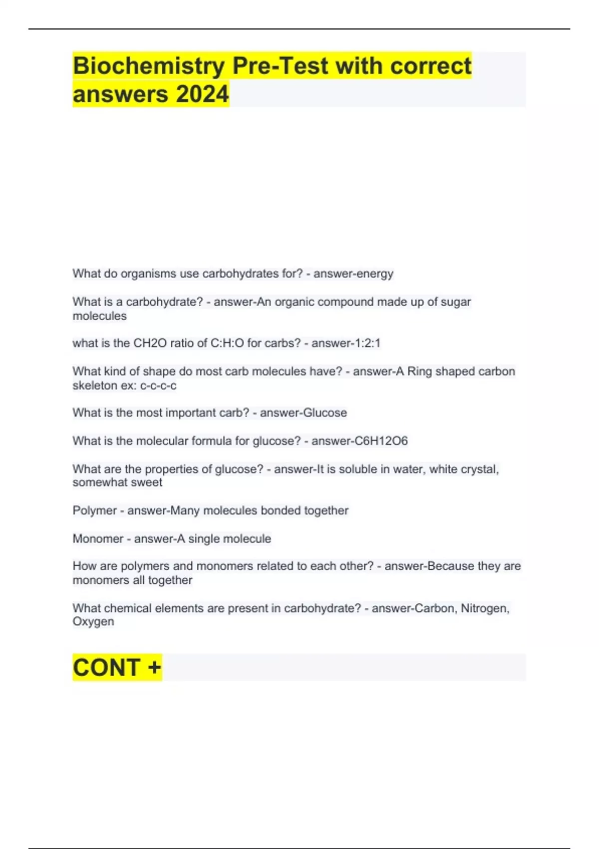 Biochemistry Pre-Test with correct answers 2024 - Biochemistry - Stuvia US