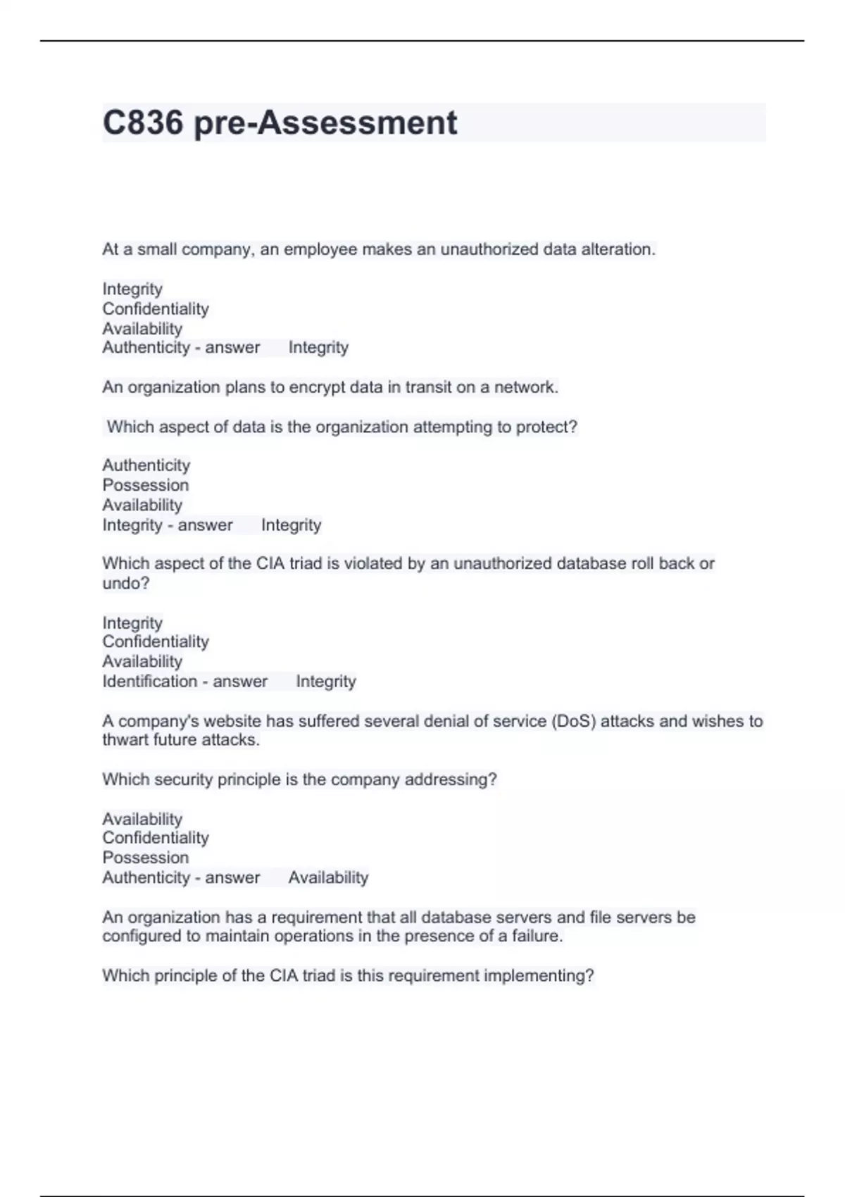 C836 pre-Assessment Questions with correct Answers 2024 - WGU C836 ...