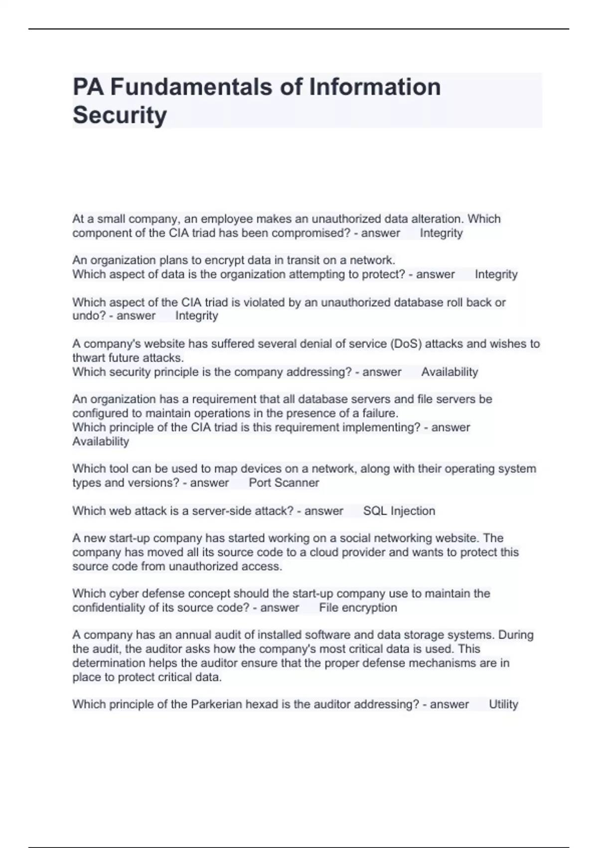 Pa Fundamentals Of Information Security Questions With Correct Answers 2024 Wgu C836 Stuvia Us