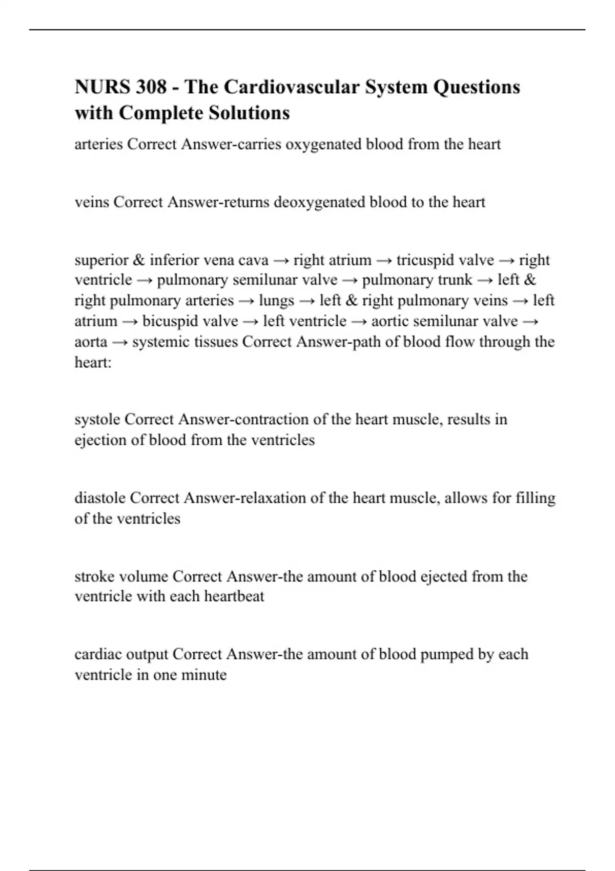 NURS 308 - The Cardiovascular System Questions with Complete Solutions ...