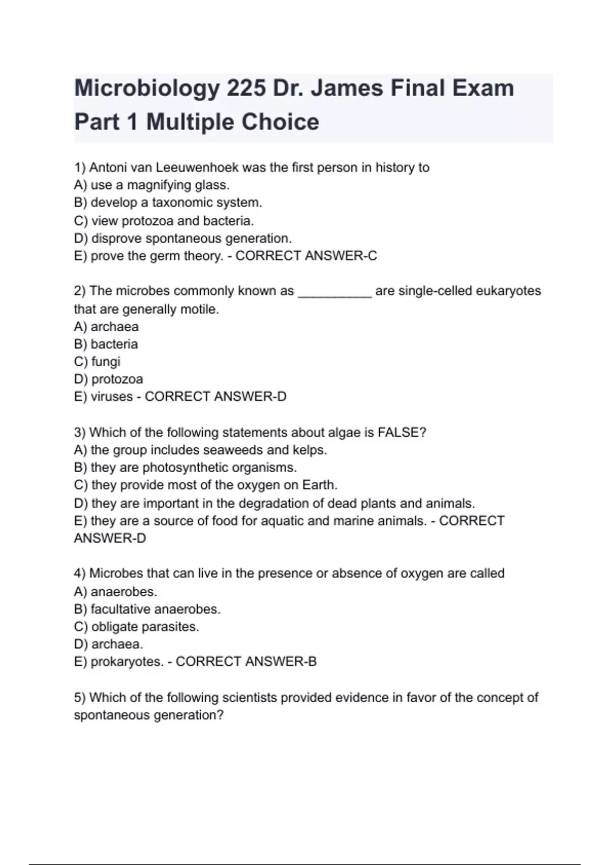 Microbiology 225 Dr. James Final Exam Part 1 Multiple Choice questions ...