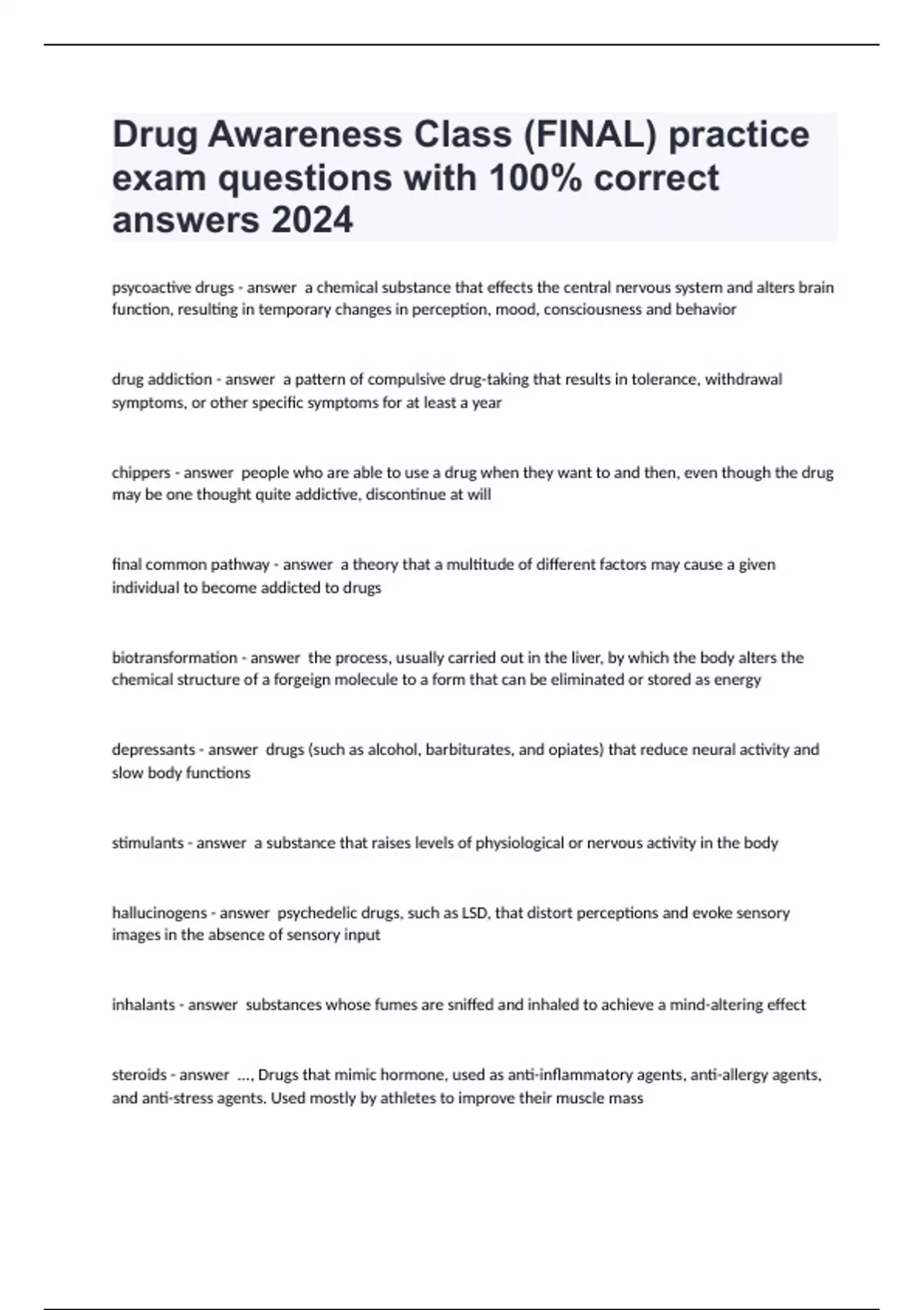 Drug Awareness Class (FINAL) practice exam questions with 100% correct ...