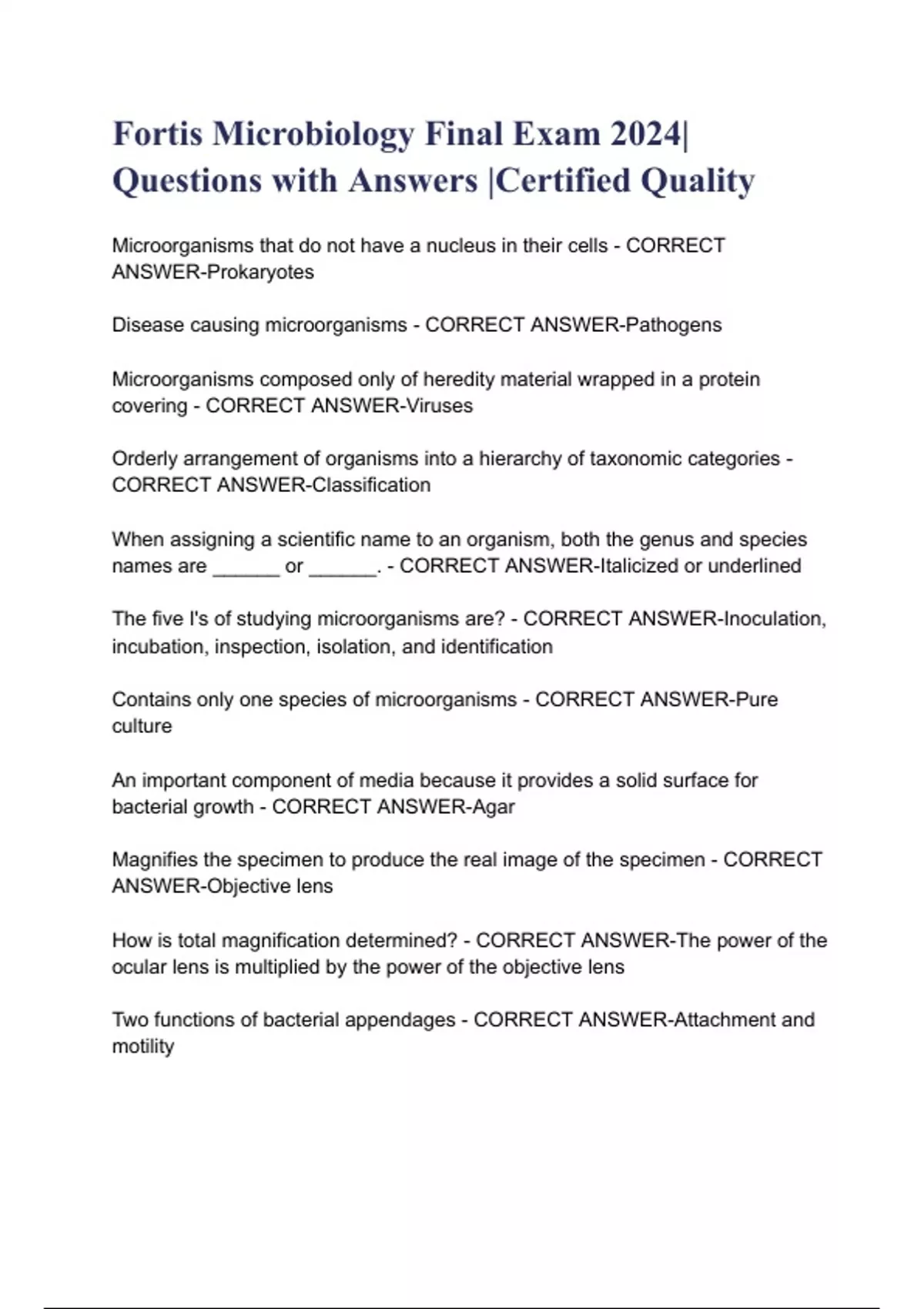 Fortis Microbiology Final Exam 2024 Questions with Answers /Certified ...