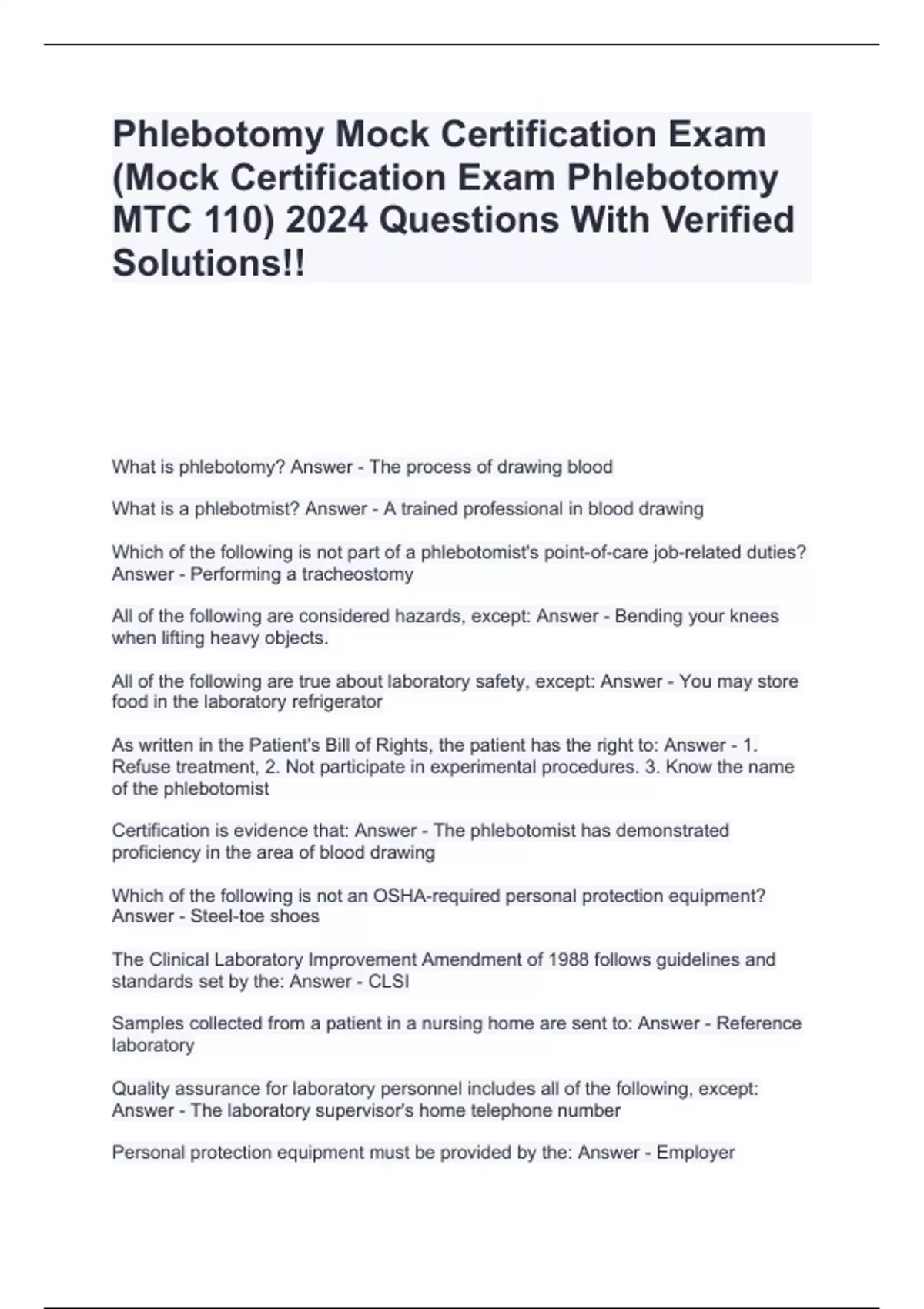 Phlebotomy Mock Certification Exam (Mock Certification Exam Phlebotomy MTC 110) 2024 Questions ...