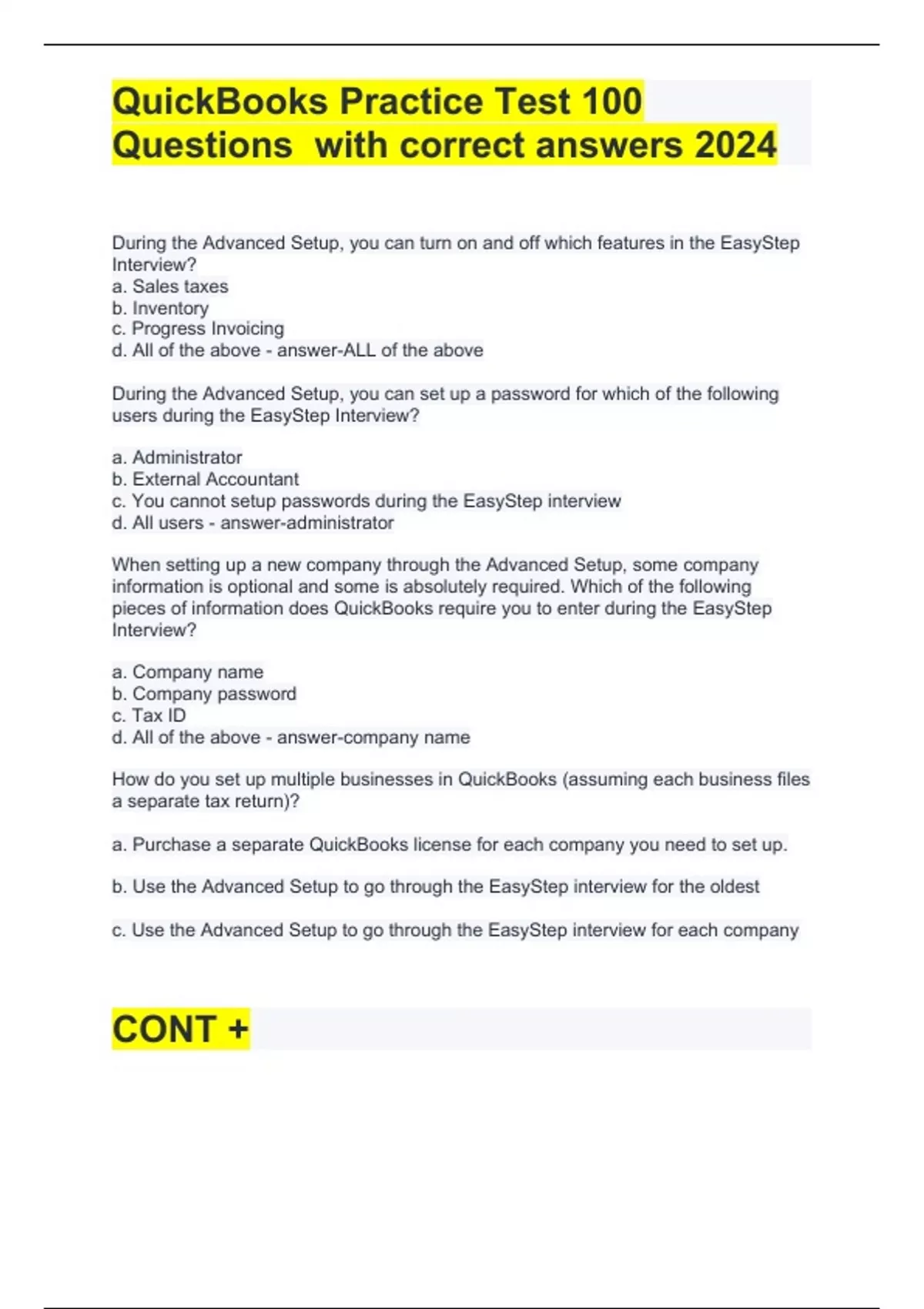 QuickBooks Practice Test 100 Questions with correct answers 2024 ...