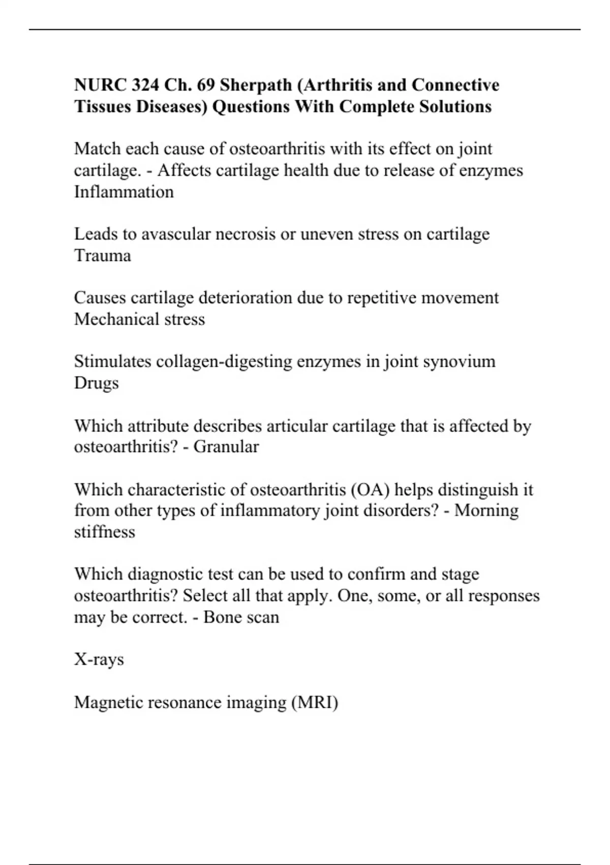 NURC 324 Ch. 69 Sherpath (Arthritis and Connective Tissues Diseases) Questions With Complete ...