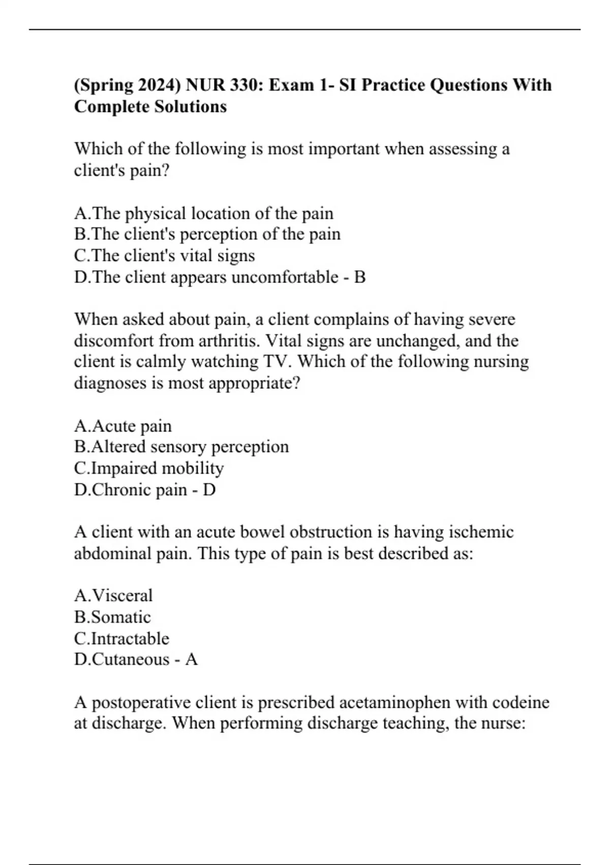 (Spring 2024) NUR 330: Exam 1- SI Practice Questions With Complete ...