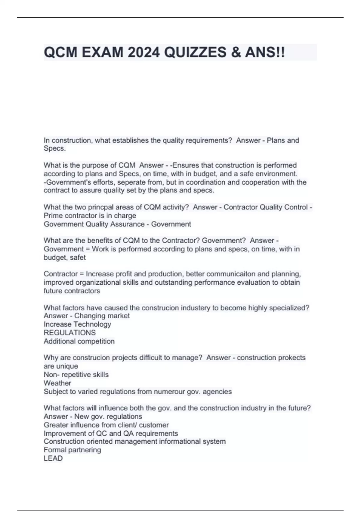 QCM EXAM 2024 QUIZZES & ANS!! - QCM - Stuvia US
