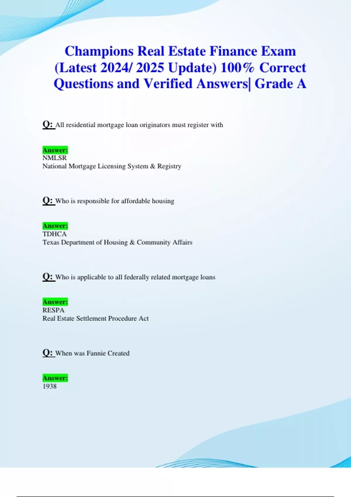 Champions Real Estate Finance Exam (Latest 2024/ 2025 Update) 100% ...