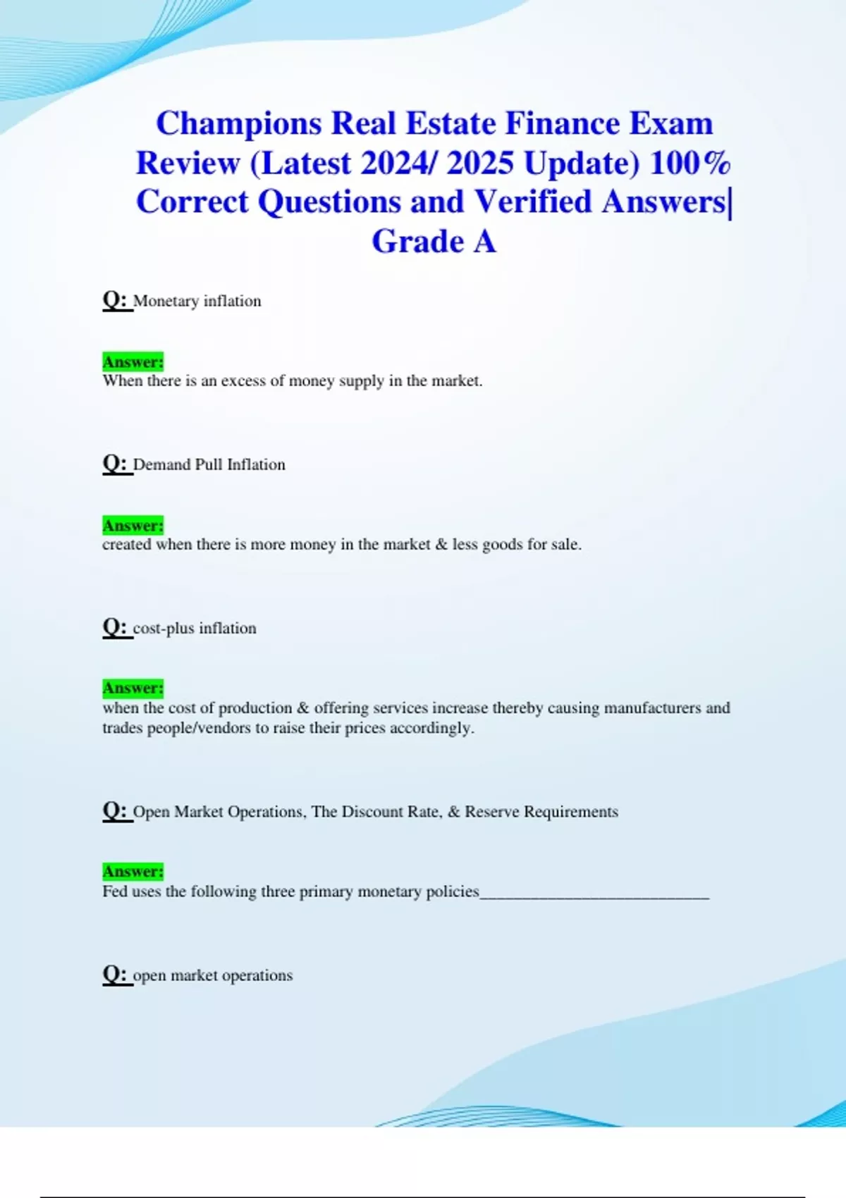 Champions Real Estate Finance Exam Review (Latest 2024/ 2025 Update ...