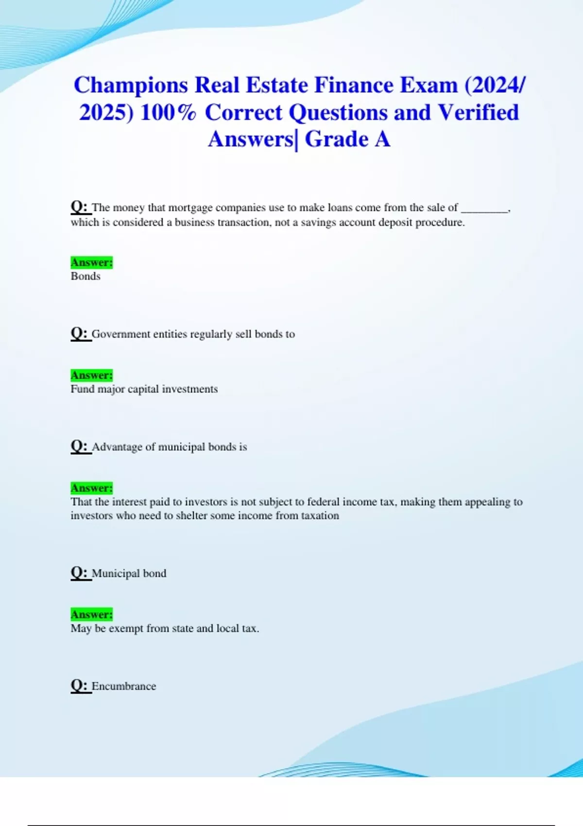 Champions Real Estate Finance Exam (2024/ 2025) 100% Correct Questions ...