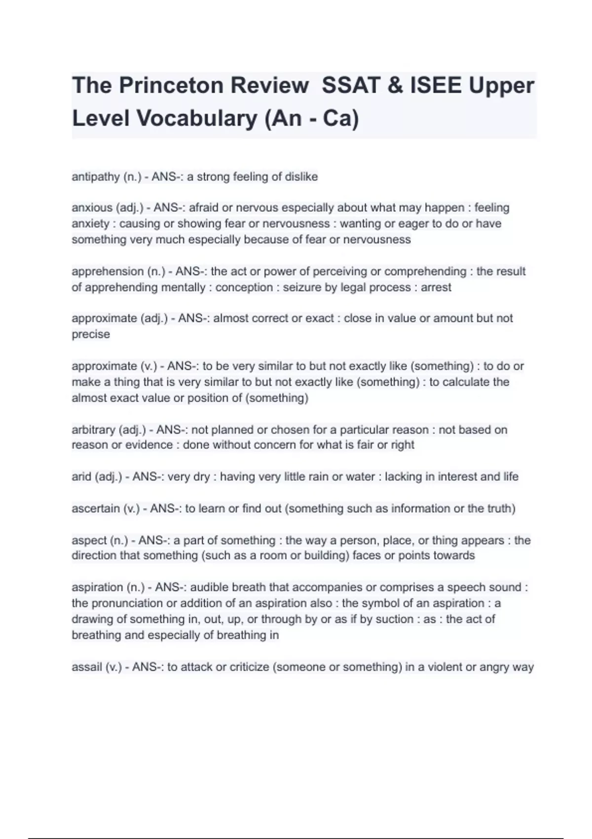 The Princeton Review SSAT & ISEE Upper Level Vocabulary (An - Ca ...