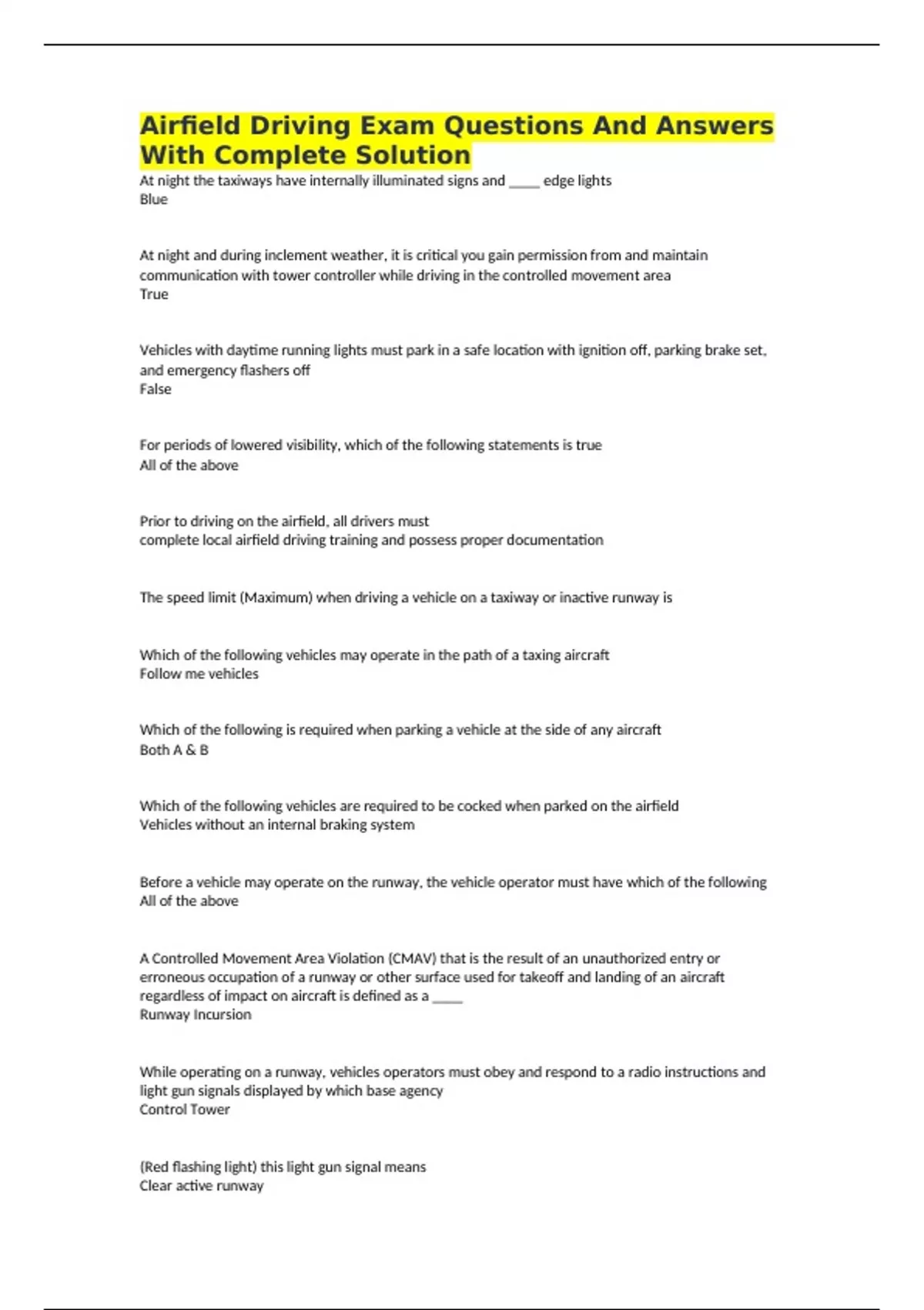 Airfield Driving Exam Questions And Answers With Complete Solution ...