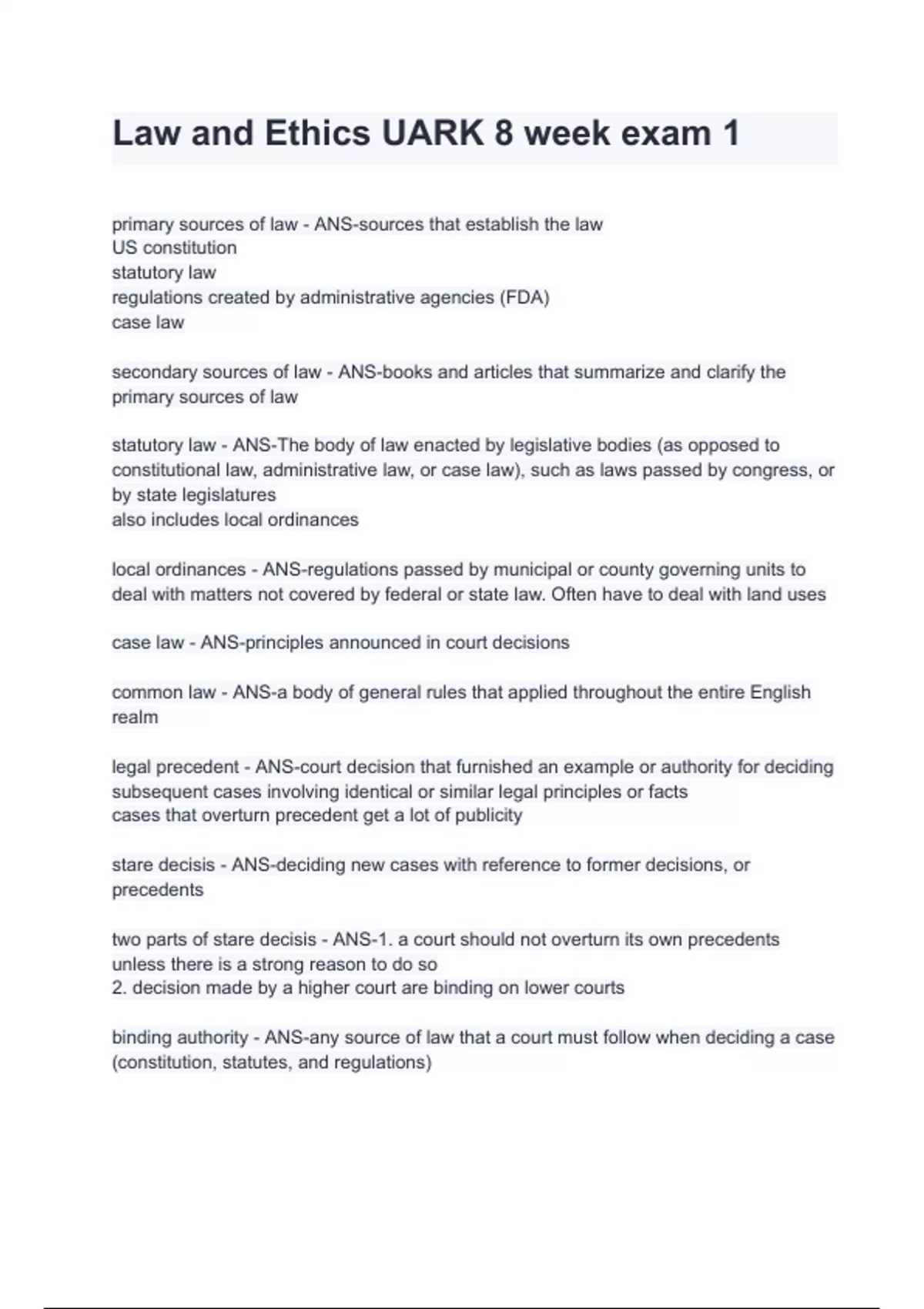 Law and Ethics UARK 8 week exam 1 with complete solution - OMGT 4313 Law and Ethics - Stuvia US