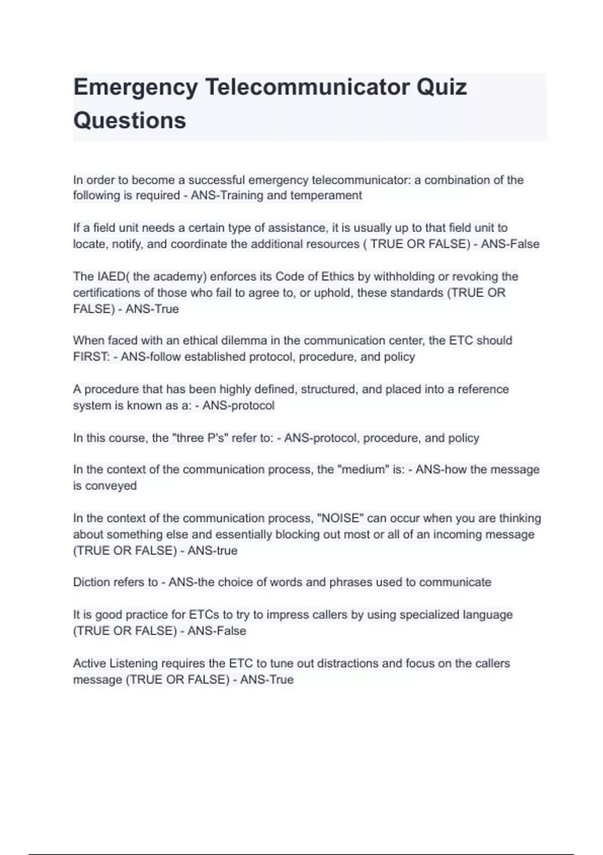 Emergency Telecommunicator Quiz Questions with complete solution - IAED ...