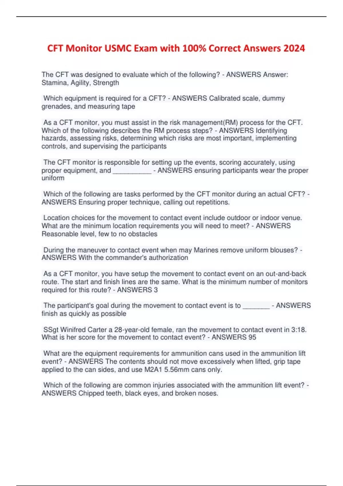 CFT Monitor USMC Exam with 100% Correct Answers 2024 - CFT - Stuvia US