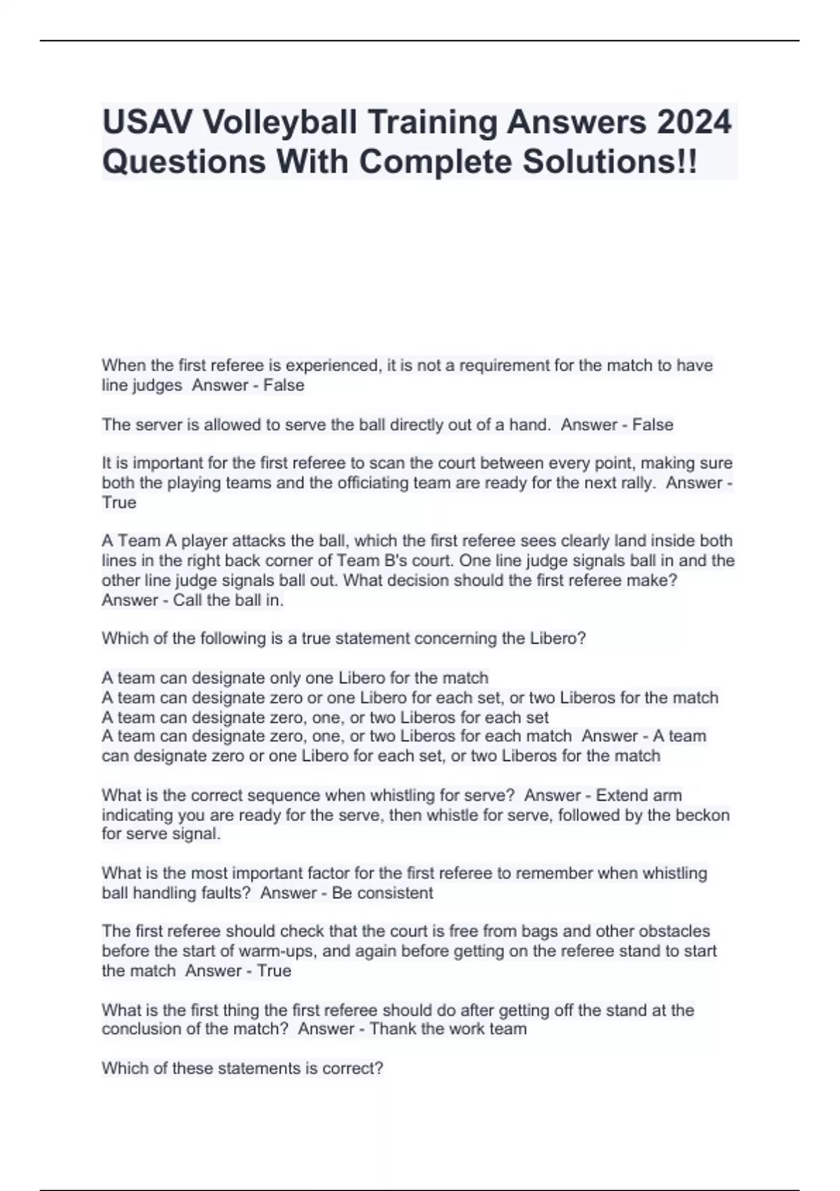 USAV Volleyball Training Answers 2024 Questions With Complete Solutions!! - USAV Volleyball ...