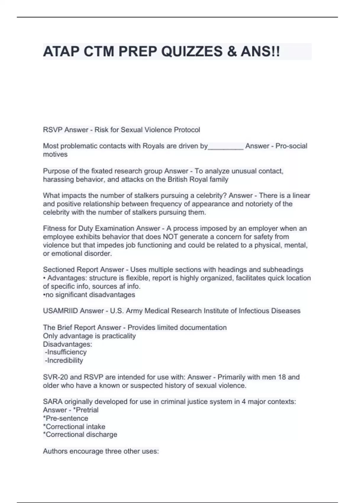 ATAP CTM PREP QUIZZES & ANS!! - ATAP CTM - Stuvia US