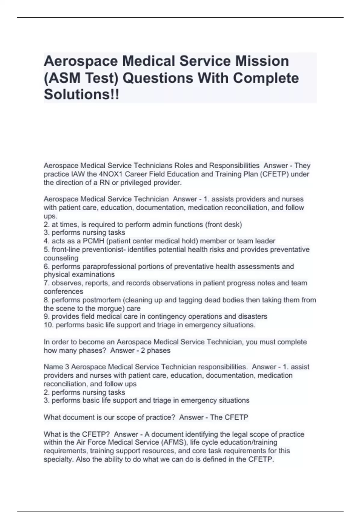 Aerospace Medical Service Mission (ASM Test) Questions With Complete ...