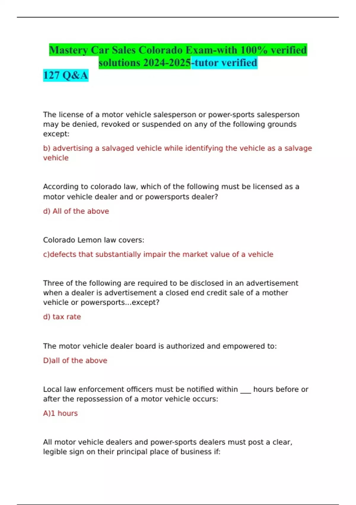 Mastery Car Sales Colorado Exam-with 100% verified solutions -tutor ...