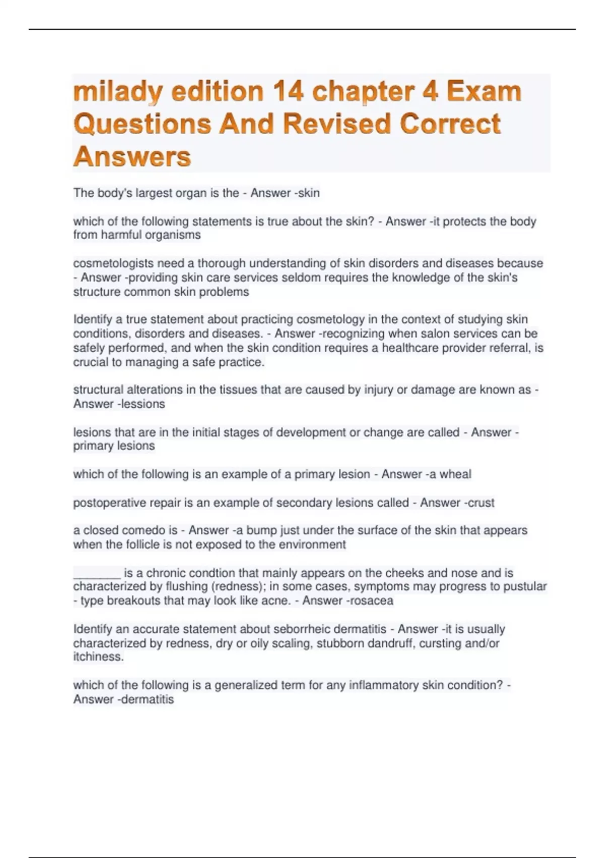 milady edition 14 chapter 4 Exam Questions And Revised Correct Answers - Milady edition 14 ...