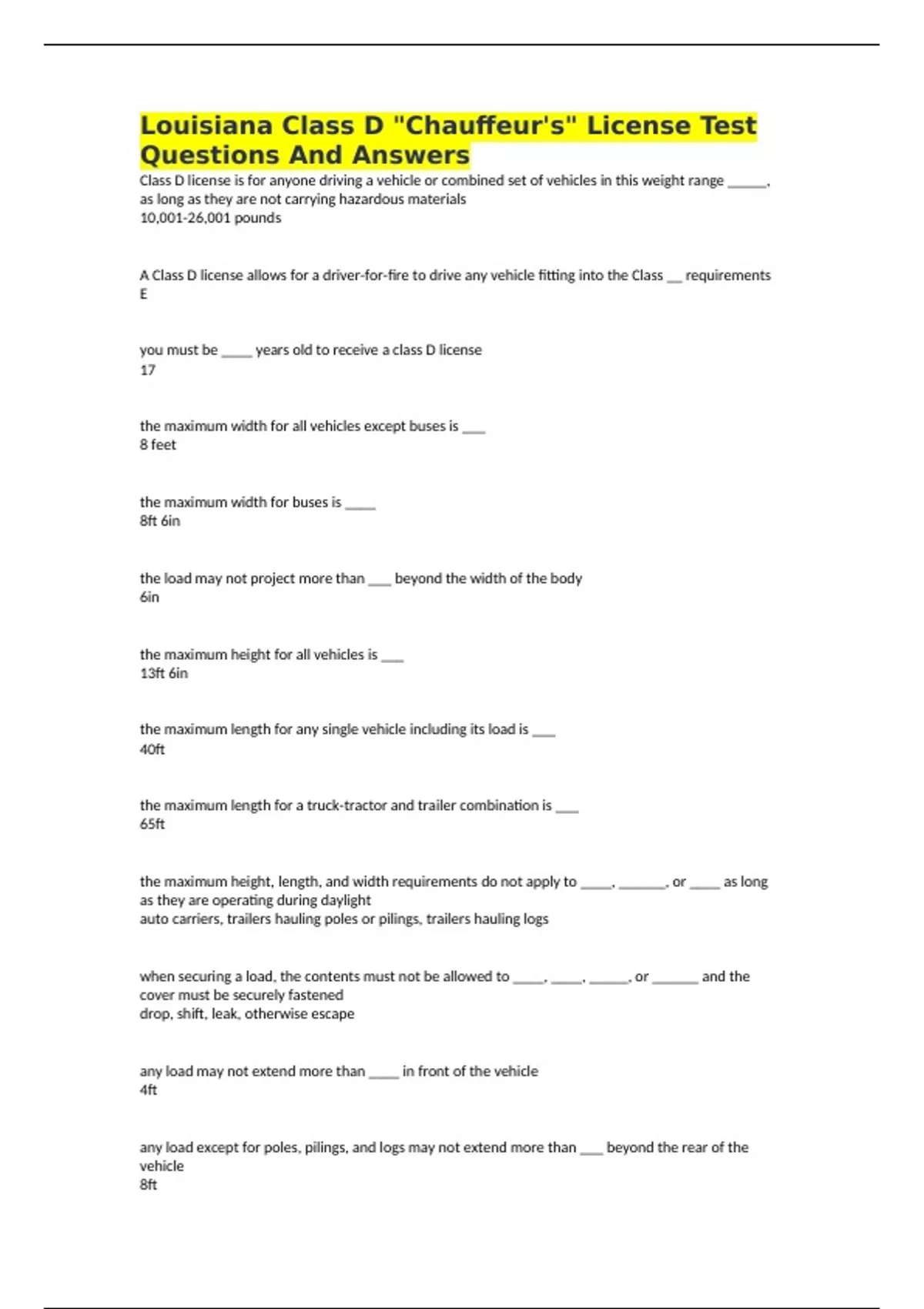 Louisiana Class D "Chauffeur's" License Test Questions And Answers ...