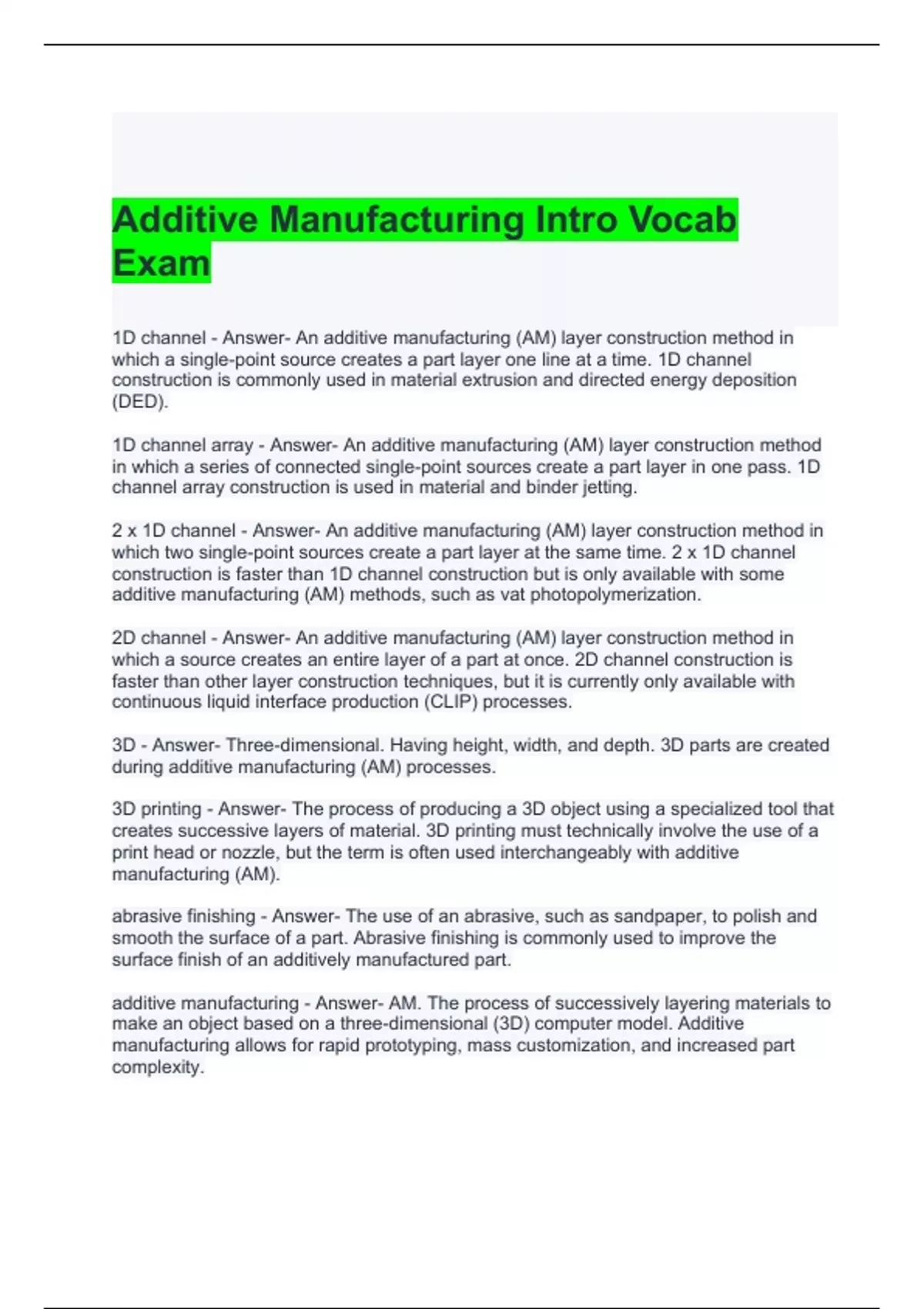 Additive Manufacturing Intro Vocab Exam with 100% correct Answers - Sme ...