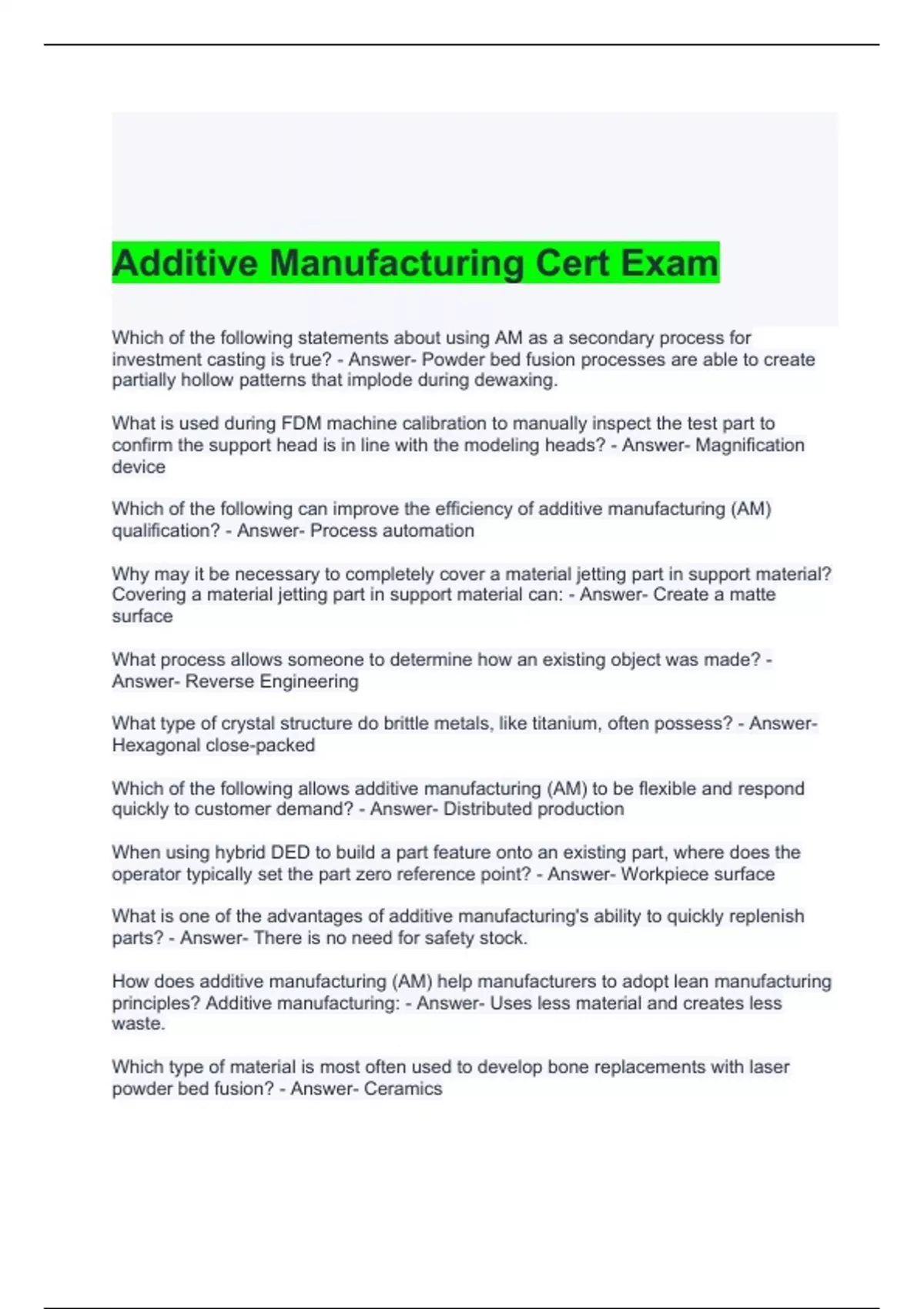 Additive Manufacturing Cert Exam with complete solutions - Sme toolingu ...