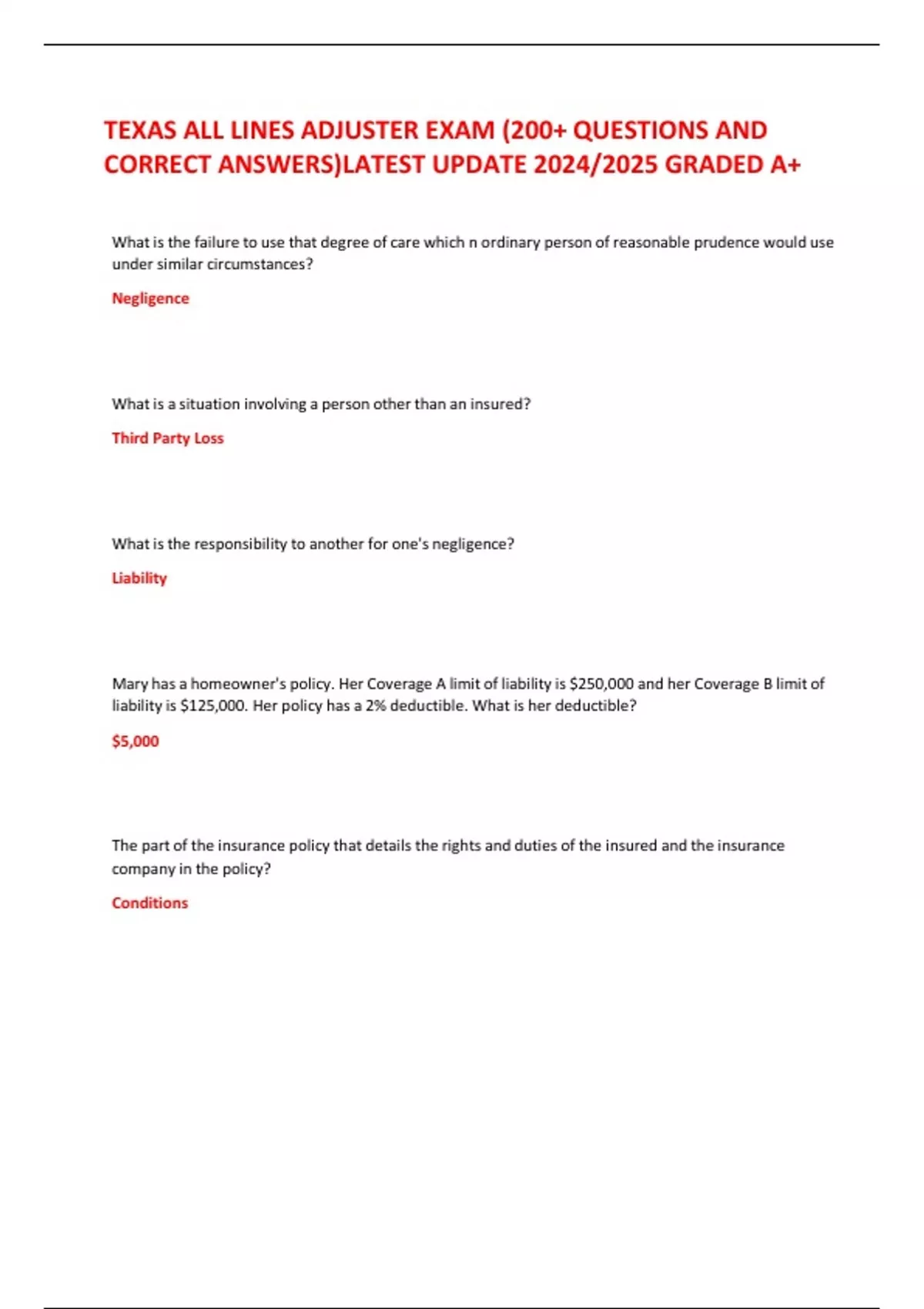 TEXAS ALL LINES ADJUSTER EXAM (200+ QUESTIONS AND CORRECT ANSWERS ...